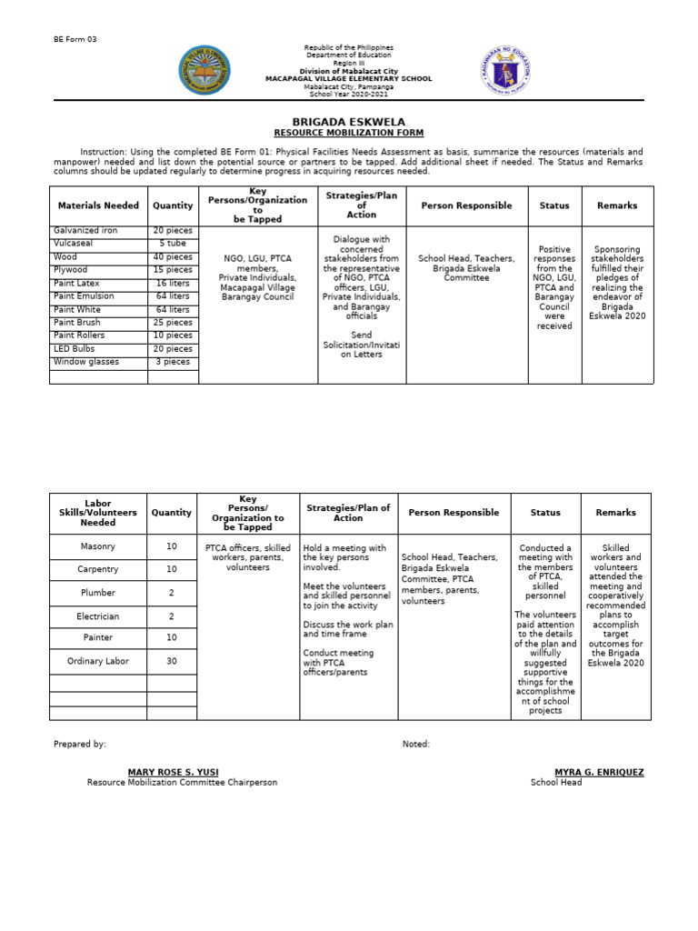 BE Form 3 - RESOURCE MOBILIZATION FORM | PDF