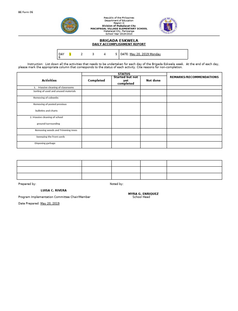 BE Form 6 - DAILY ACCOMPLISHMENT REPORT | PDF