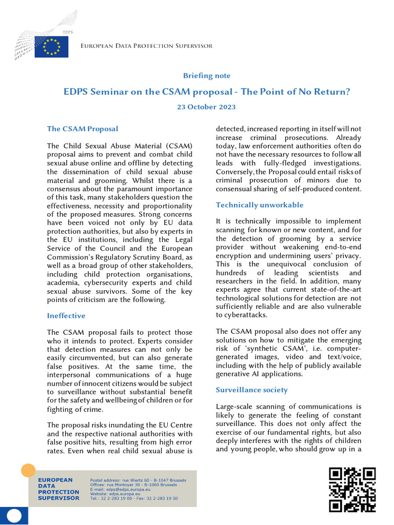 Edsp Briefing-Note Csam Proposal-The Point of No Return 0 | PDF | Child Pornography | Risk
