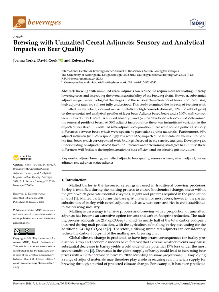 Brewing With Unmalted Cereal Adjuncts Sensory and | PDF | Brewing | Beer