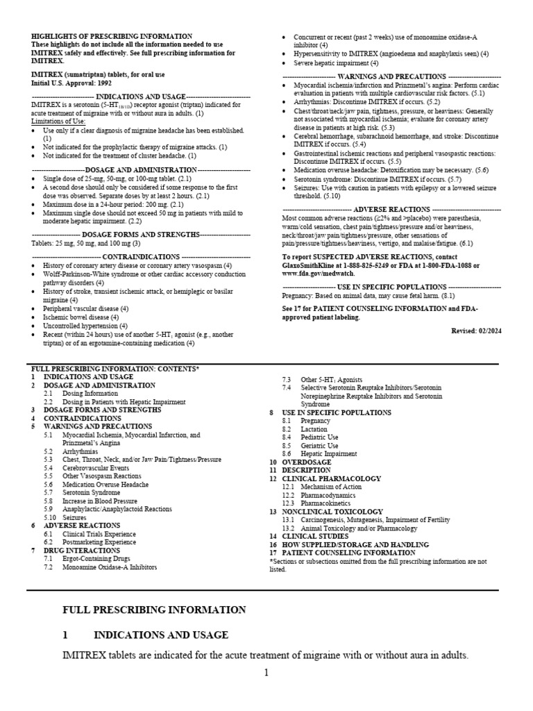 Imitrex Tablets Pi Pil | PDF | Migraine | Coronary Artery Disease