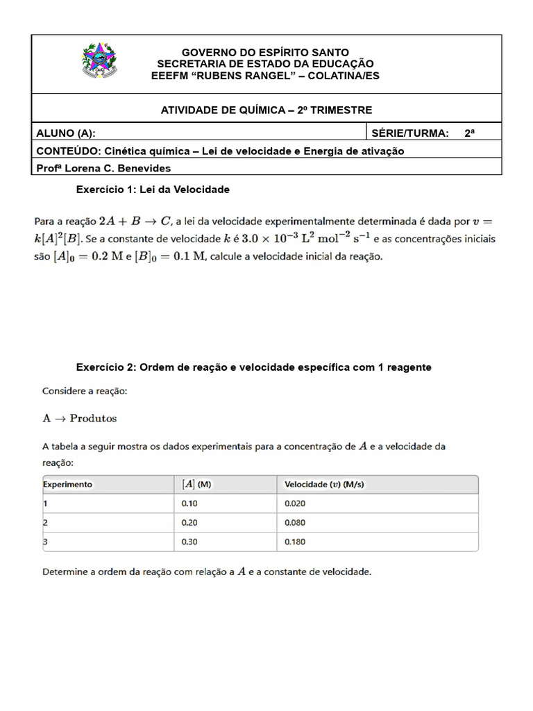 Lista Exerc 2 - Lei de Velocidade | PDF | Ciências e Matemática | Tecnologia e Engenharia