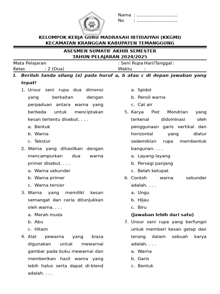 Soal Sas Seni Rupa KLS 2 | PDF