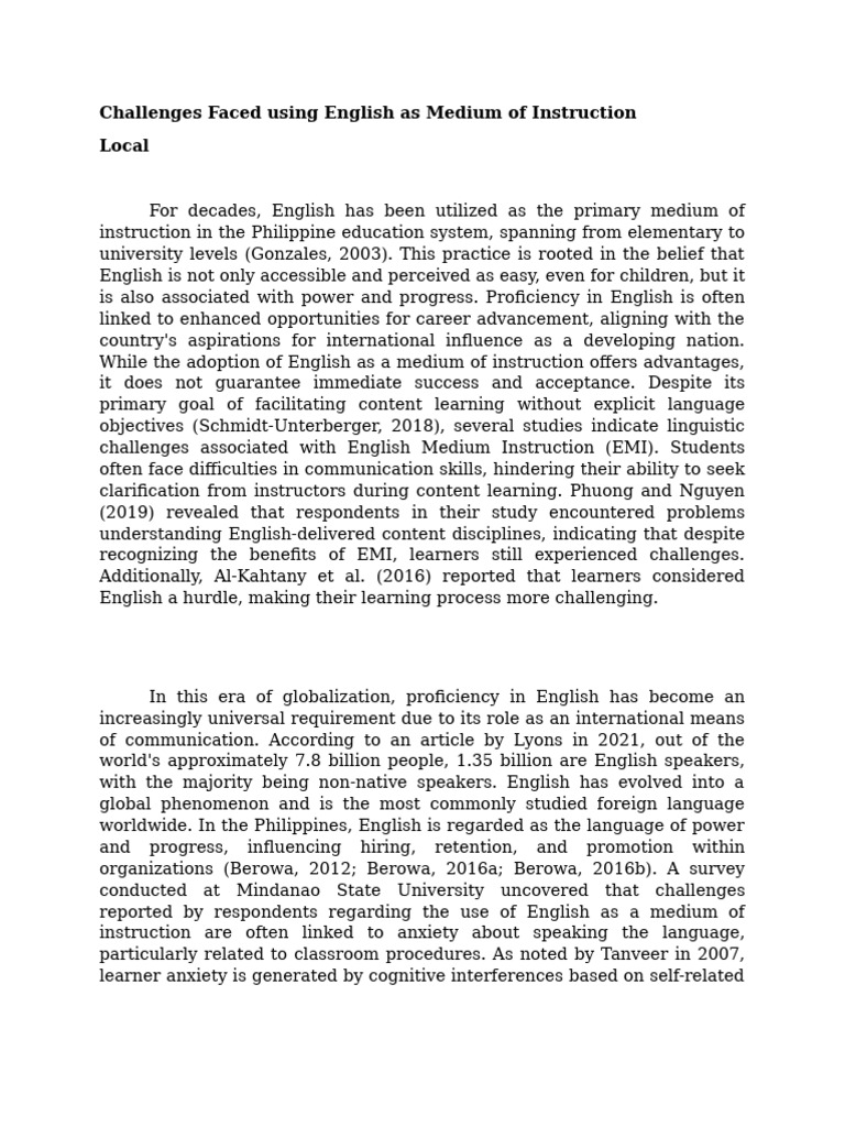 Challenges of English as Instruction Medium | PDF | Foreign Language ...