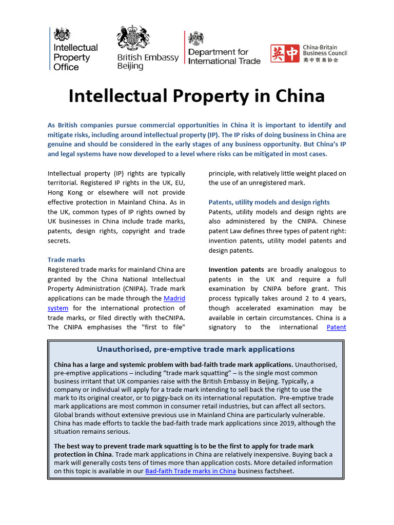 Intellectual Property Risks in China | PDF | Patent | Intellectual Property