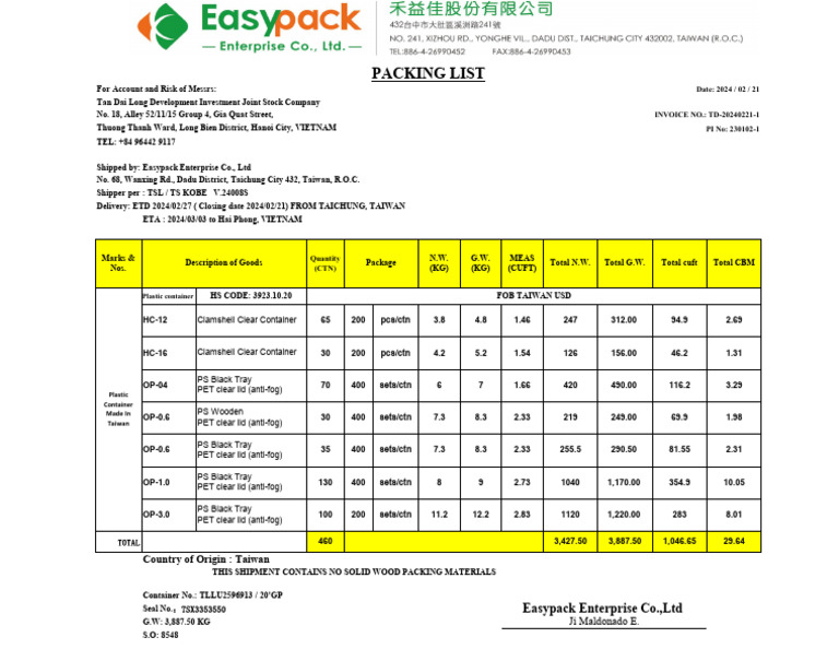 Packing List - Ship Doc TD 20240221-1 | PDF