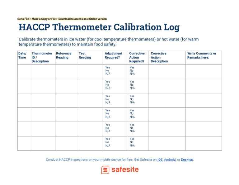 HACCP Thermometer Calibration Log - Copy or Download To Edit | PDF