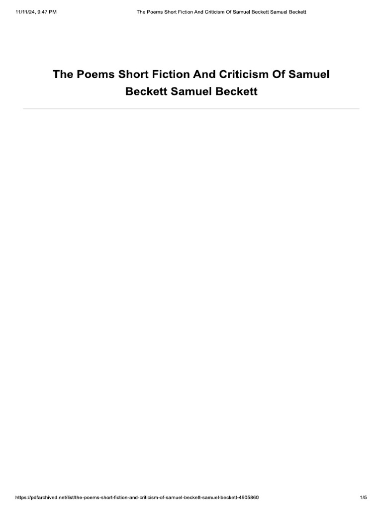 The Poems Short Fiction and Criticism of Samuel Beckett Samuel Beckett ...
