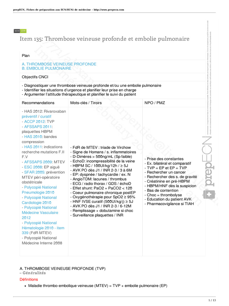 Thrombose veineuse et embolie pulmonaire | PDF | Médecine clinique ...