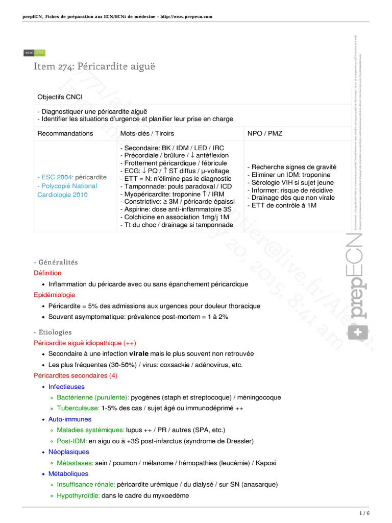 Diagnostic et prise en charge de la péricardite | PDF | Infarctus du ...