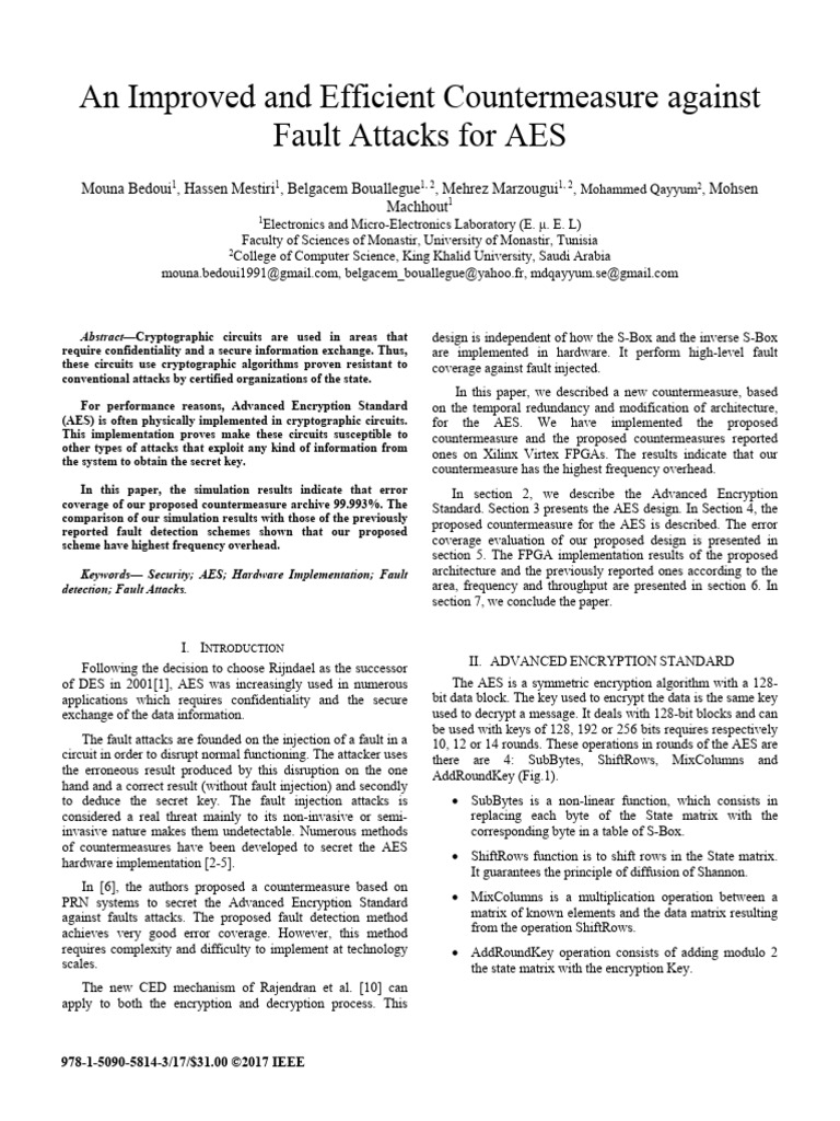 2017 An Improved And Efficient Countermeasure Against Fault Attacks For Aes Pdf Encryption