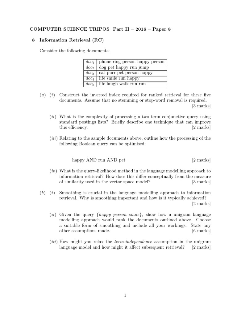 Computer Science Tripos Part Ii - 2016 - Paper 8 Information Retrieval ...