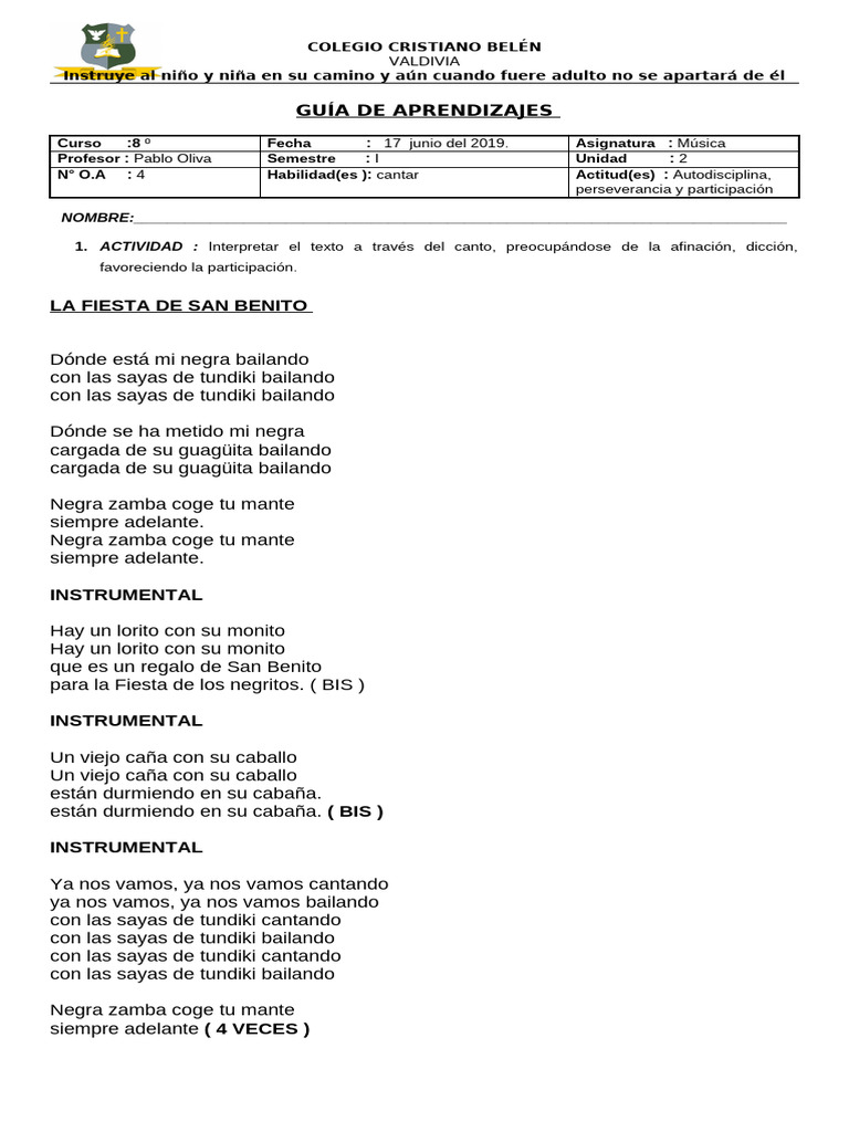 Guia Cancion Fiesta de San Benito (Texto) | PDF