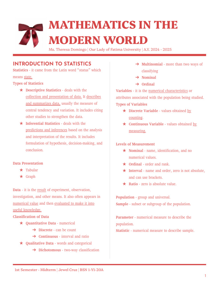 Matm Midterms Reviewer | PDF | Statistics | Level Of Measurement