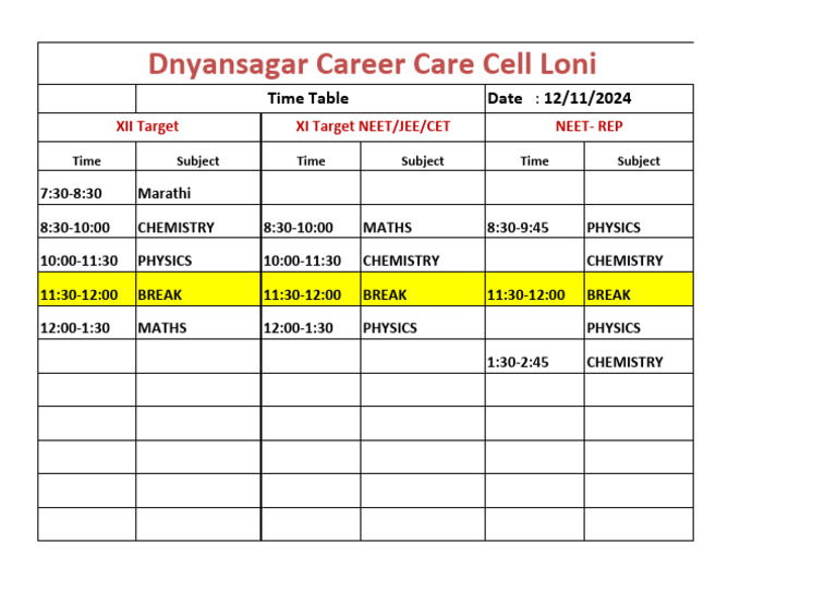 Time Table 12-11-2024 | PDF | Self-Improvement | Science & Mathematics
