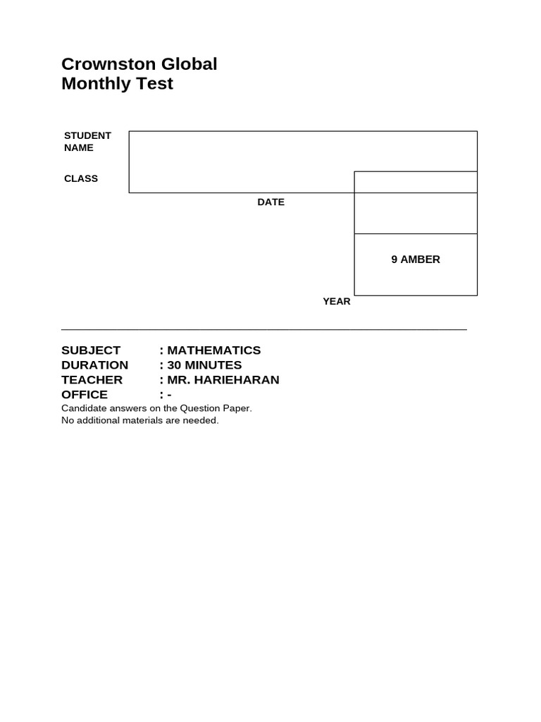 Class 9 Monthly Math Test Paper | PDF | Mathematics