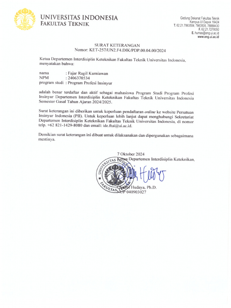 KET-257 Keterangan Mahasiswa Aktif Fajar Ragil Kurniawan | PDF