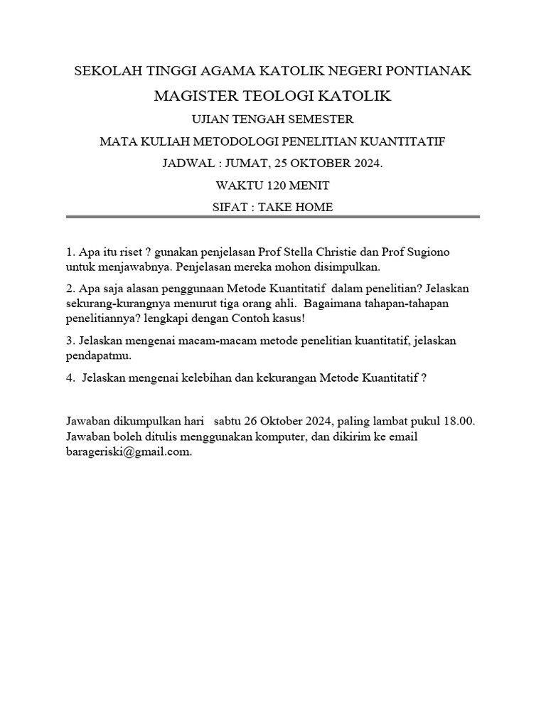 SOAL UTS Metodologi Penelitian Kuantitatif-2024 | PDF