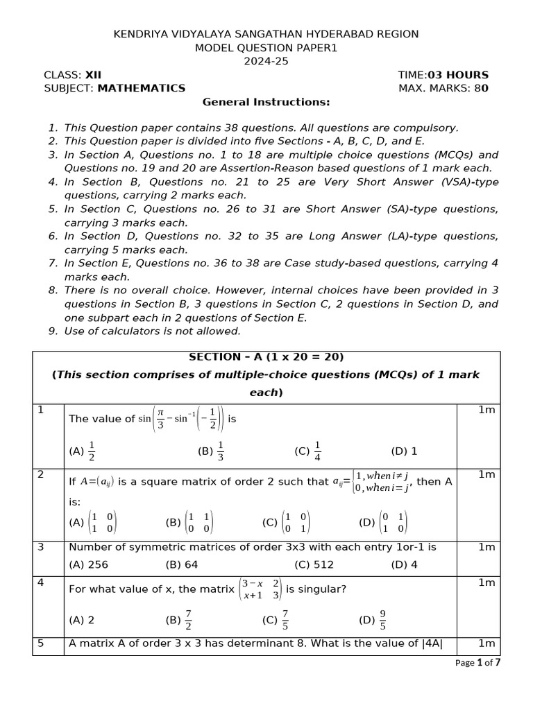 XII MATH MQP 9 | PDF | Determinant | Area