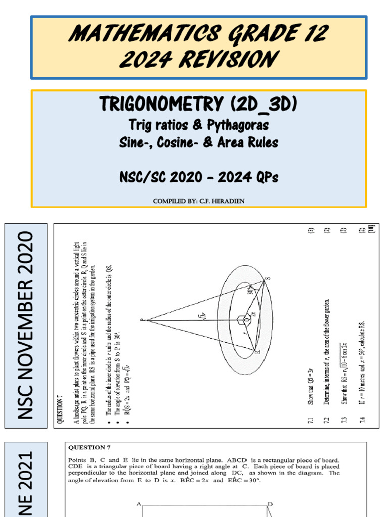 12 - Maths p2 Revision 2020 - 2024 Qps (2d - 3d Trig) | PDF | Teaching ...