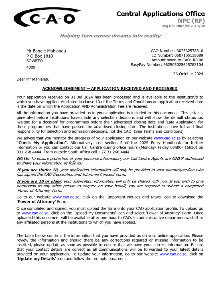 CAO Application Acknowledgment Letter | PDF