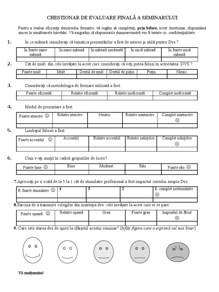 Chestionar de Evaluare A Seminarului | PDF