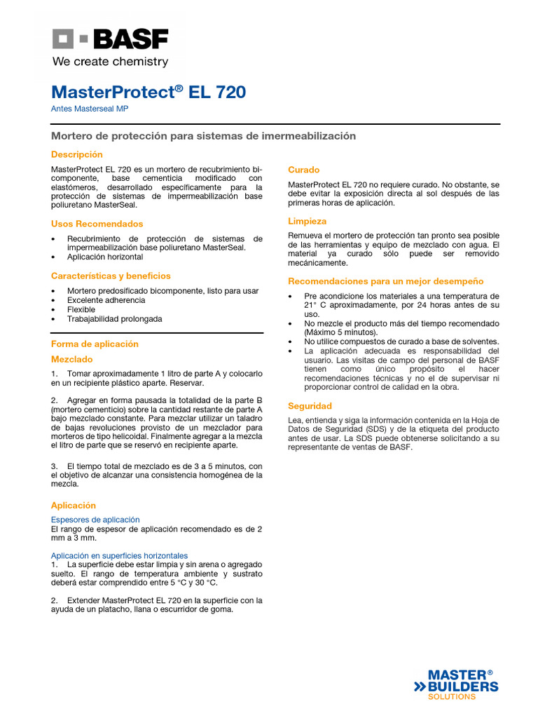 Masterprotect El 720 Tds | PDF | Mortero (Albañilería) | Poliuretano