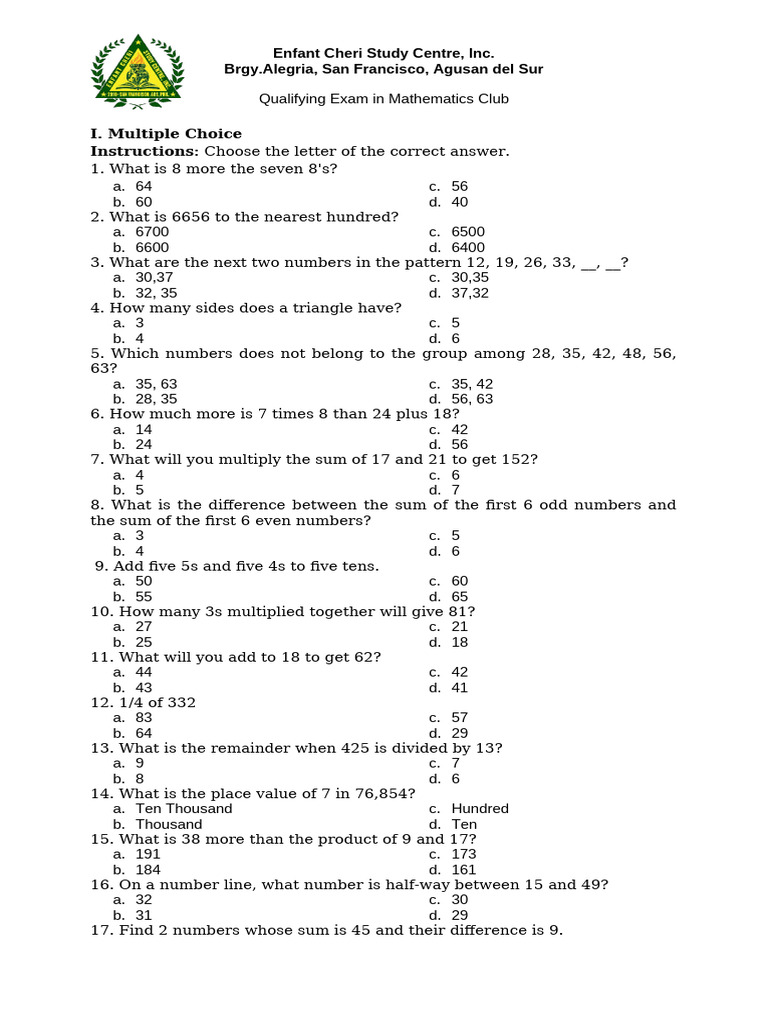 Qualifying Exam in Math 4 | PDF | Elementary Mathematics | Arithmetic