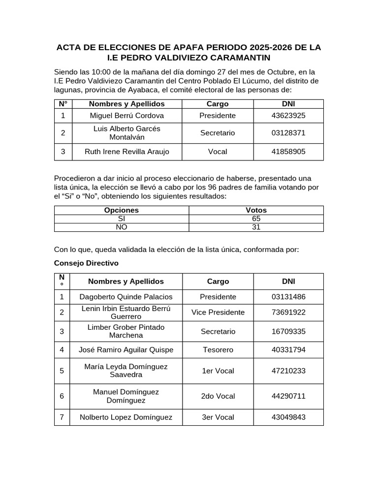 Elección APAFA 2025-2026 Validada | PDF | Gobierno | Elecciones