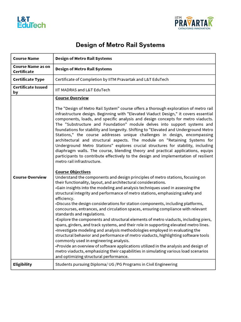 Metro Rail System Design Course Overview | PDF | Rapid Transit ...