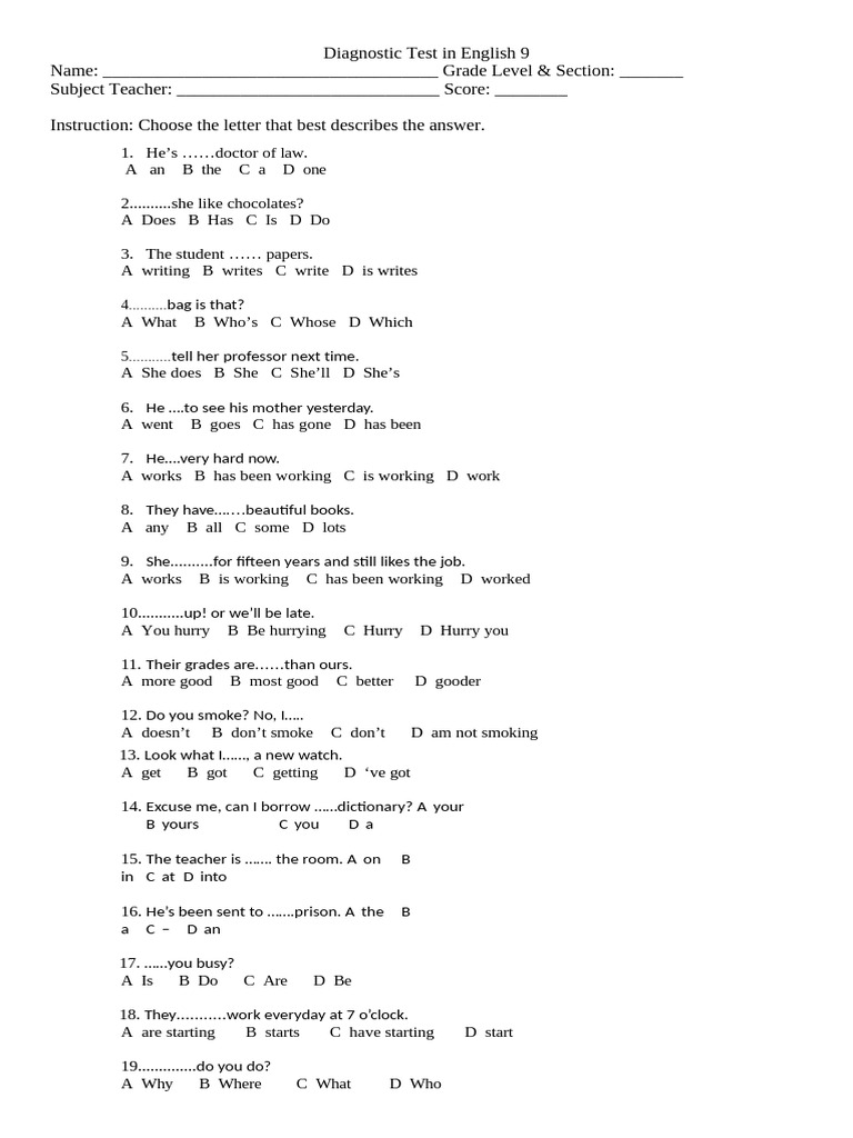 Diagnostic Test in English 9 | PDF