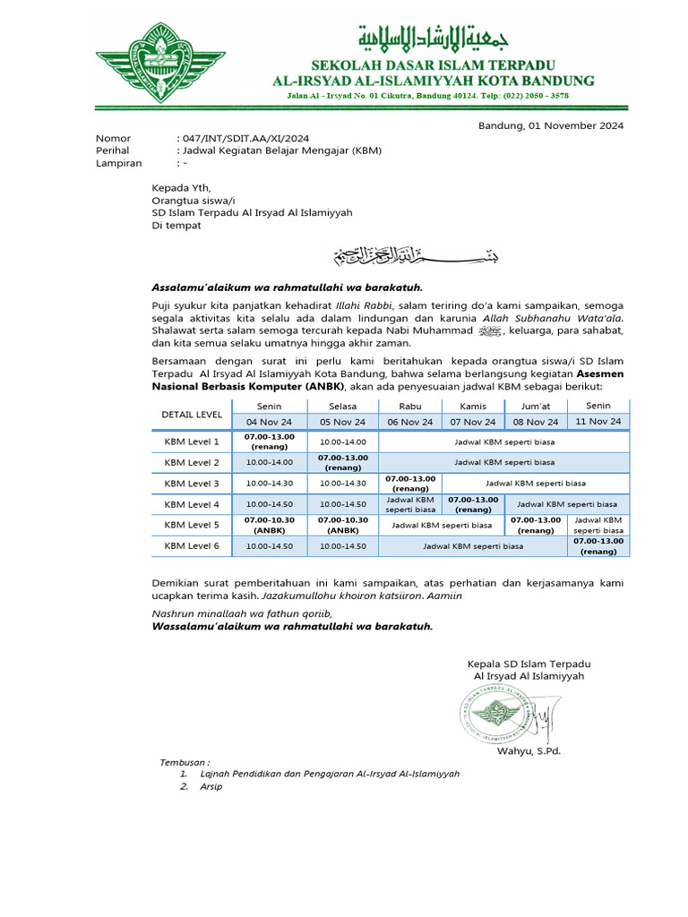 SINT 049.INT - SDIT.AA.X.2024 (Jadwal Kepulangan Selama ANBK) | PDF
