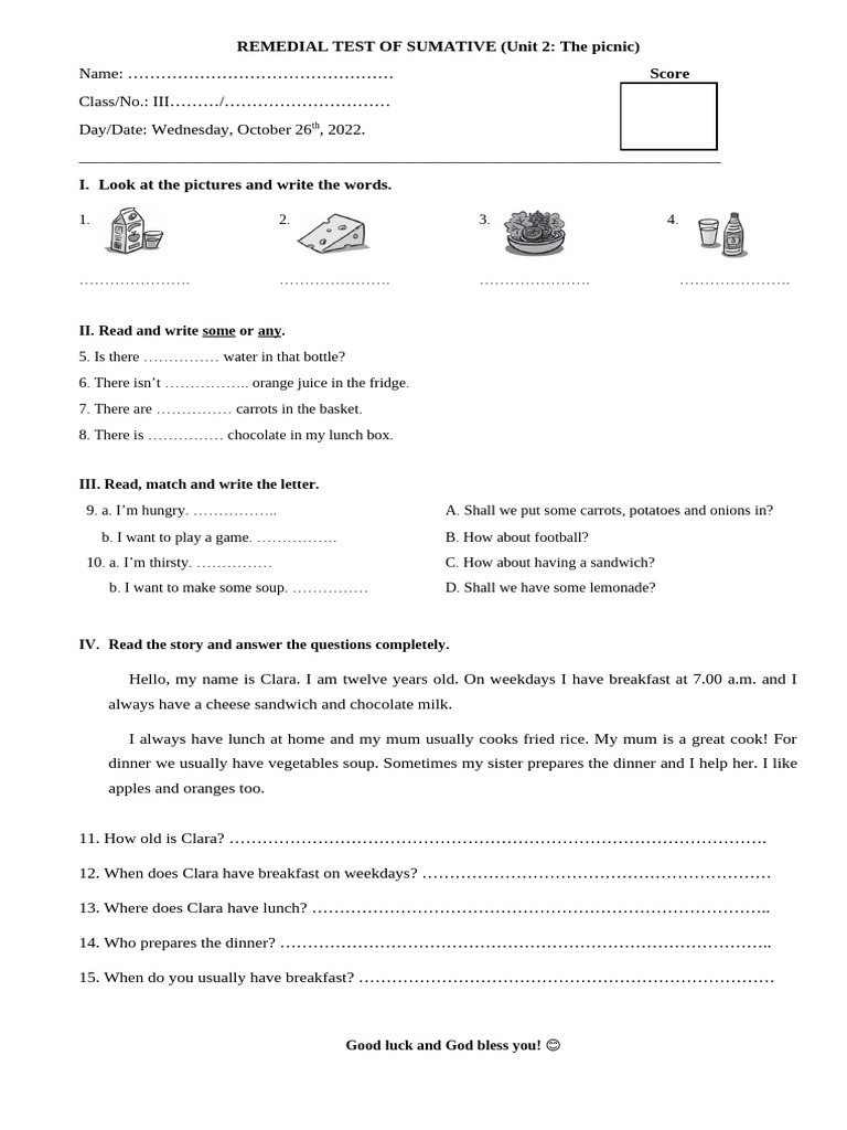Remedial Test of Unit 2 - Grade 3 | PDF | Sports & Recreation | Games ...
