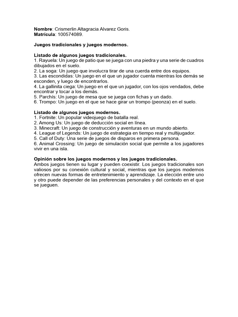 Nombre Matrícula Juegos Tradicionales y Juegos Modernos. Listado de ...