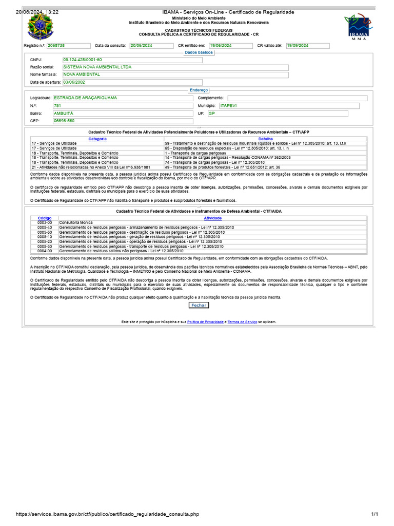 Certificado de Regularidade CTF/APP | PDF | Desperdício | Metrologia