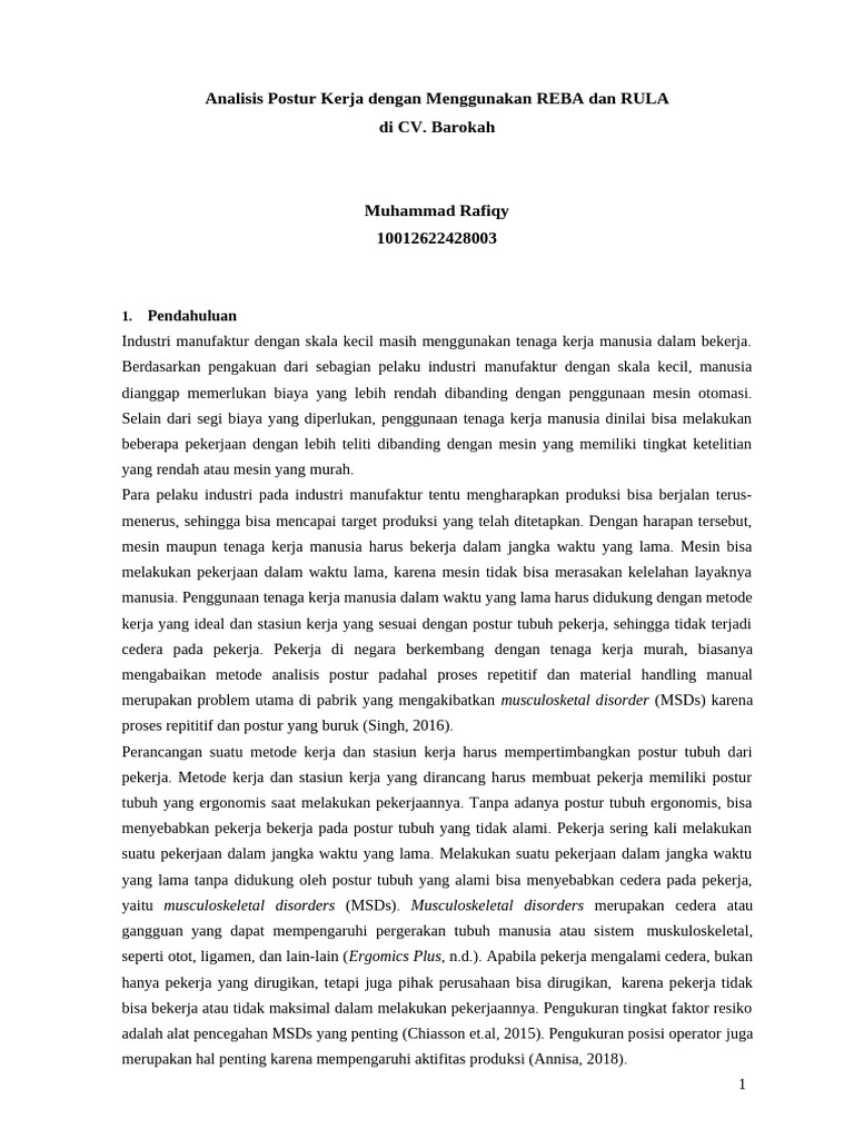 Analisis Postur Kerja Dengan Menggunakan REBA Dan RULA | PDF ...