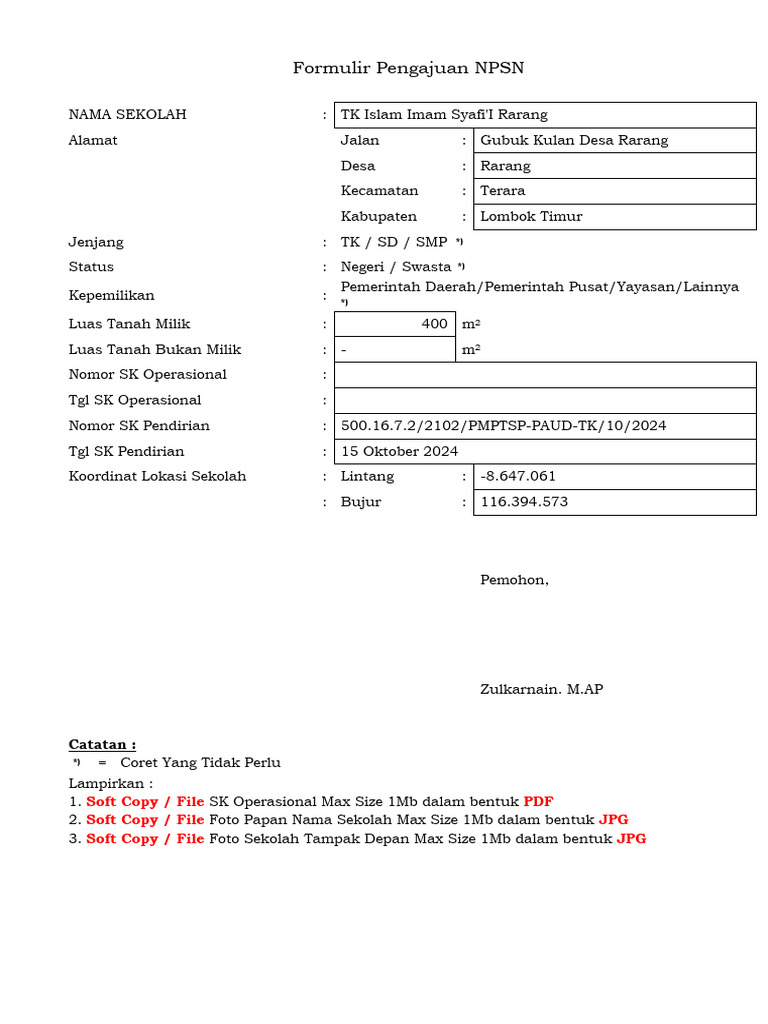 Formulir Permohonan NPSN | PDF