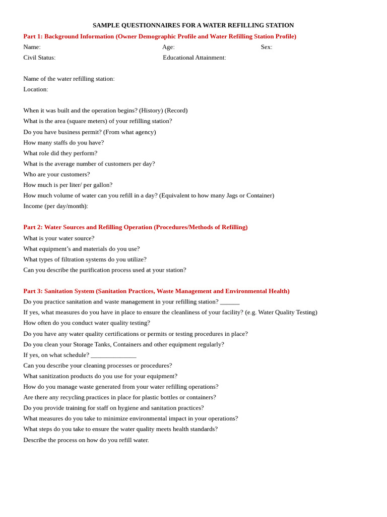 Sample Questionnaires For A Water Refilling Station | PDF | Law