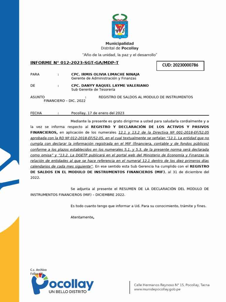 Informe 012 - Mif 2022 | PDF | Negocios | Finanzas y dinero