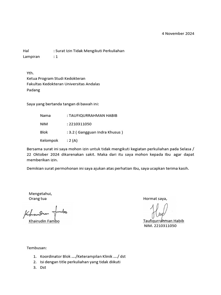Surat Izin Tidak Mengikuti Perkuliahan Habib 22 Oktober | PDF