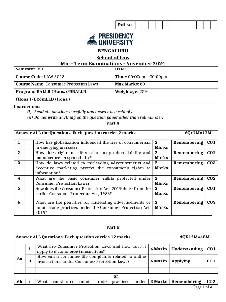 Mid Term QP - Consumer Protection - Set 1 | PDF | Consumer Protection | Product Liability
