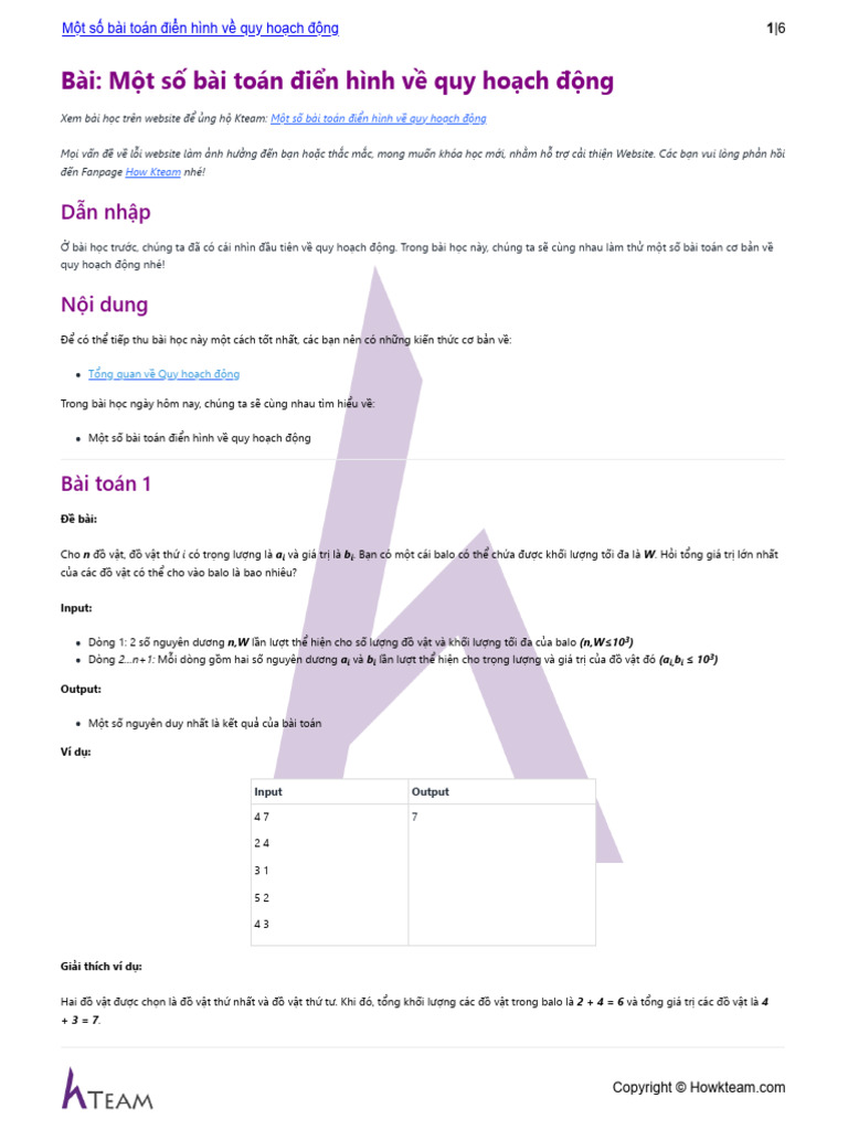 HOWKTEAM.VN - Một số bài toán điển hình về quy hoạch động | PDF