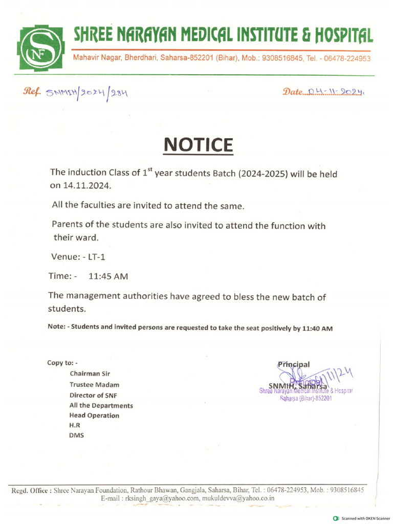 Induction Class Batch 24-25 Letter | PDF