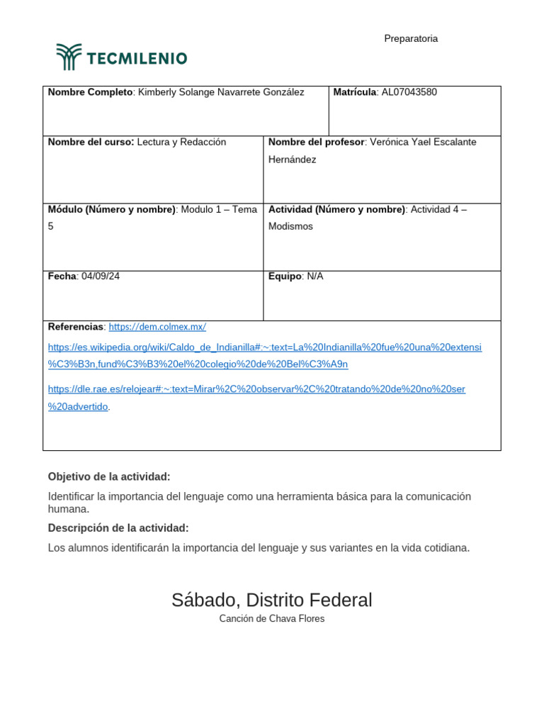 Act 4 Modismos - Canción Chava Flores | PDF