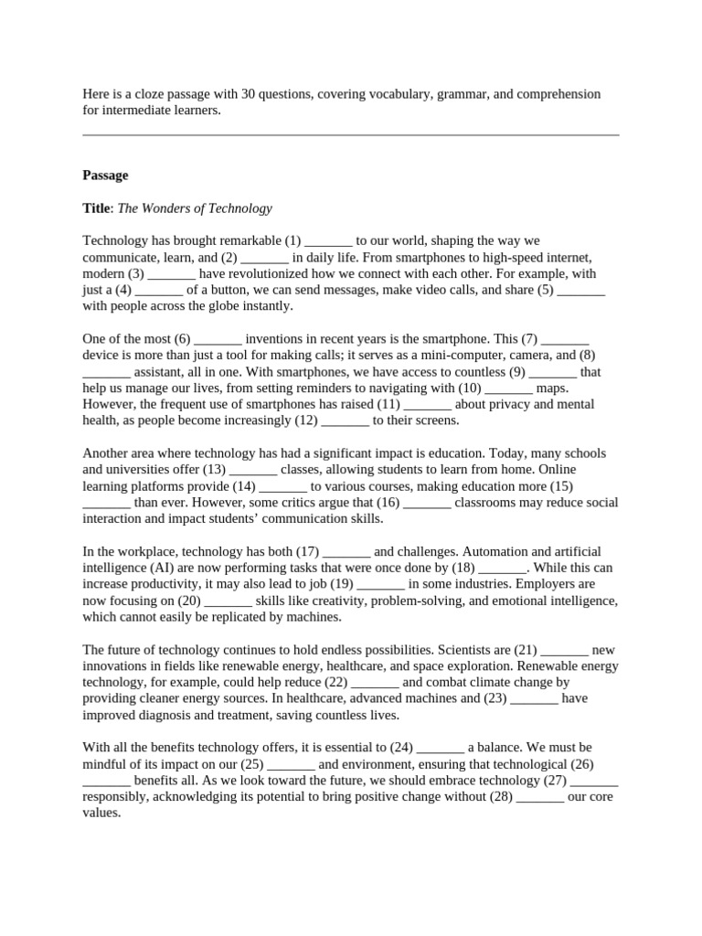 Cloze Passage - Grammar Intermediate 2 | PDF | Smartphone | Renewable ...