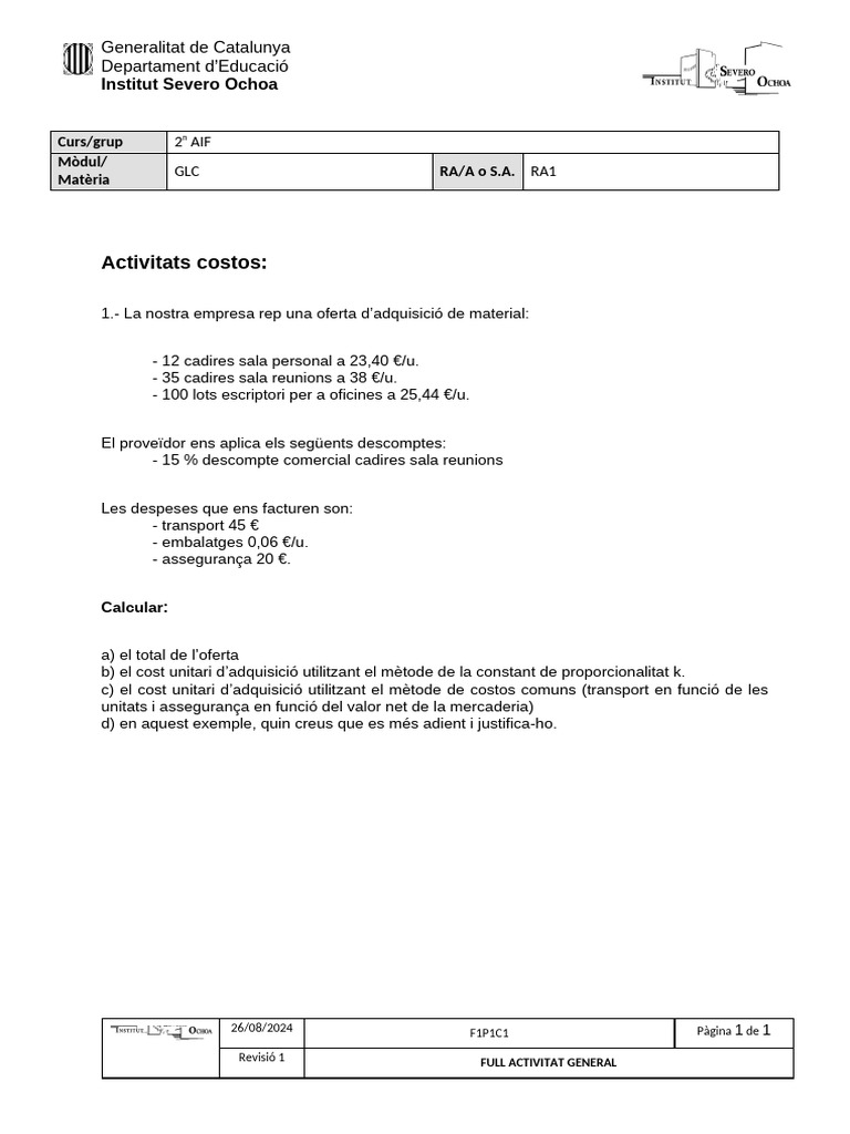 Activitat - 5 - Repartiment costos-GLC | PDF