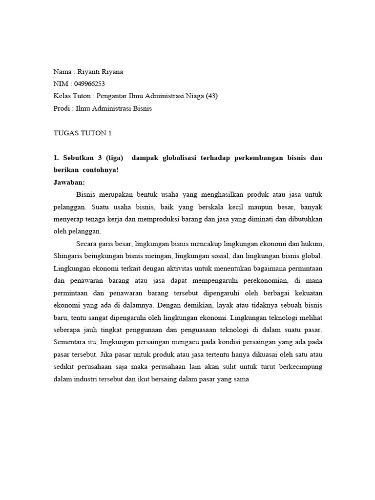 Tugas 1 Pengantar Ilmu Administrasi Niaga - 049966253 - Riyanti Riyana | PDF