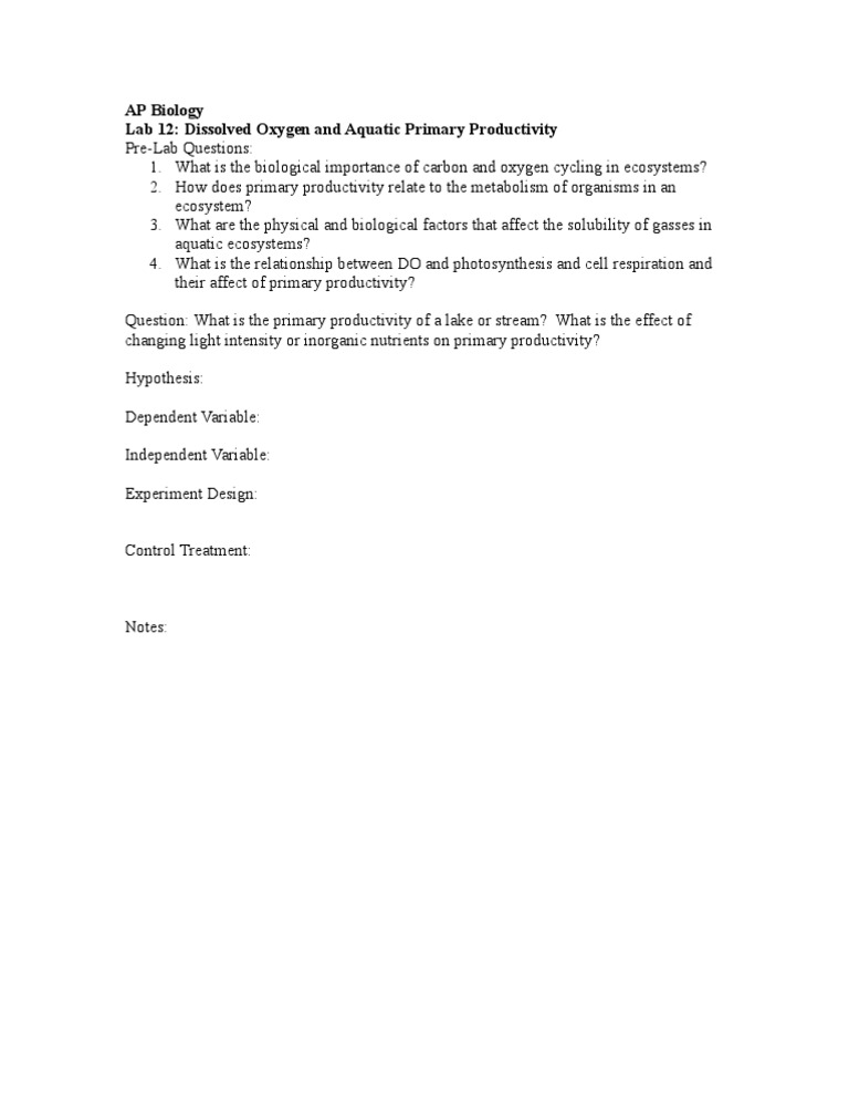 Lab 12 Dissolved Oxygen Pre Lab | PDF