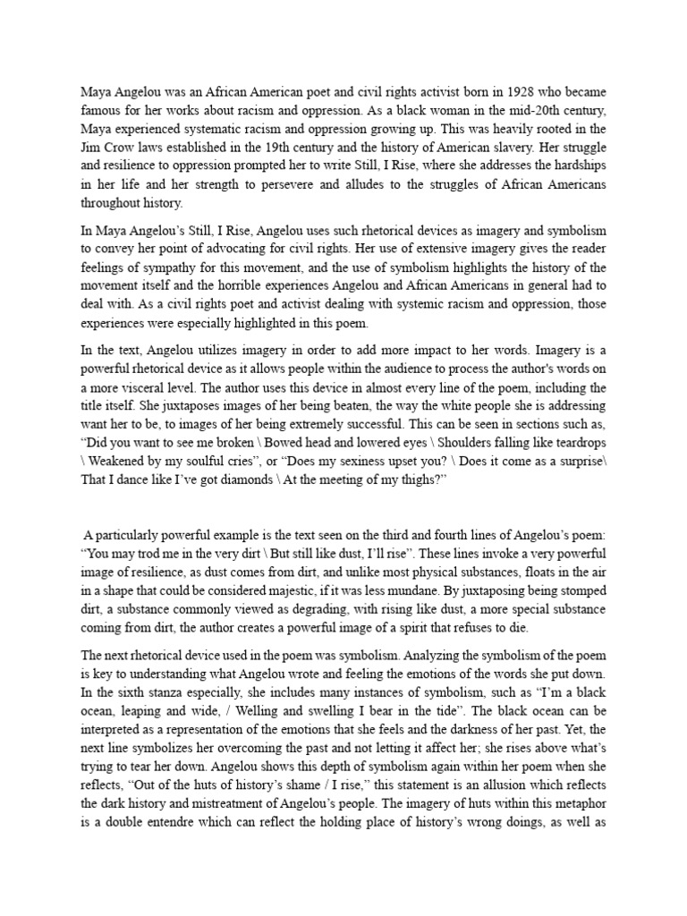 Analyzing Maya Angelou's "Still, I Rise" | PDF | Poetry