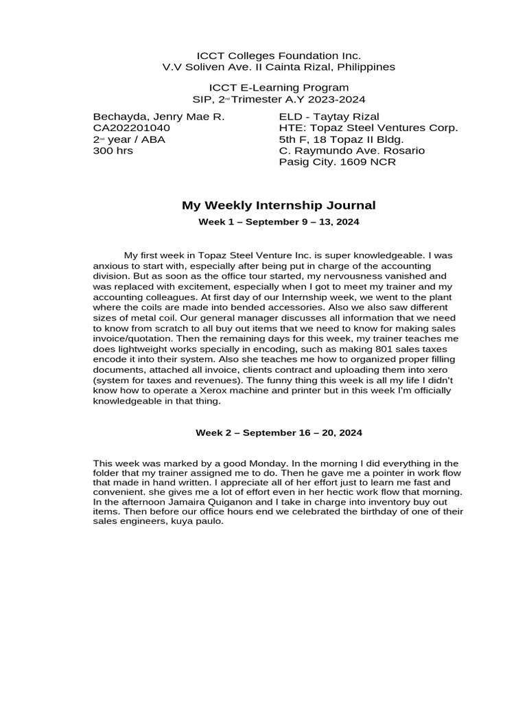 Internship Weekly Report (Week 1 & 2) | PDF | Business